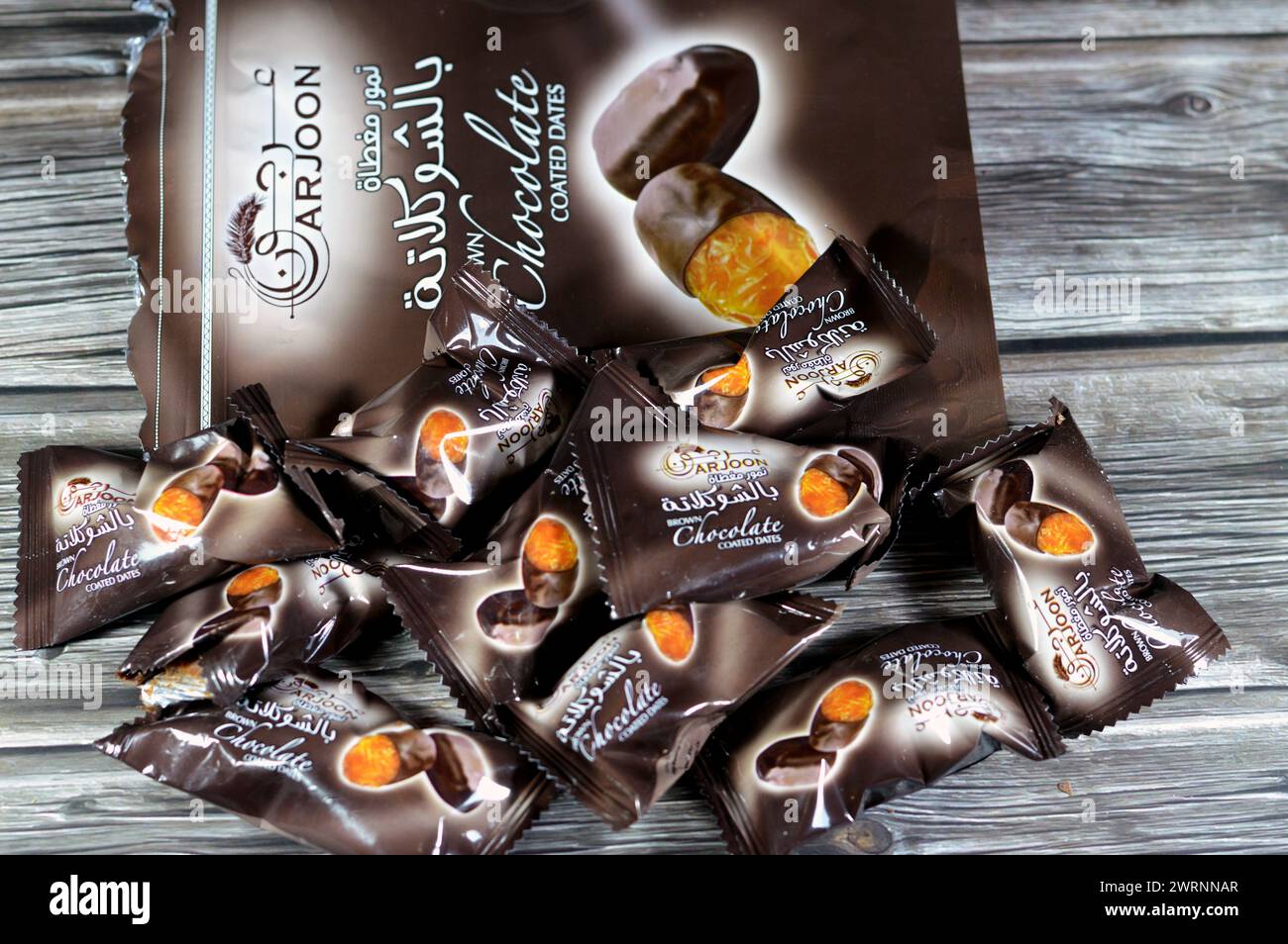 Cairo, Egypt, March 3 2024: Arjoon Dates Brown Chocolate pack, Saudi ...