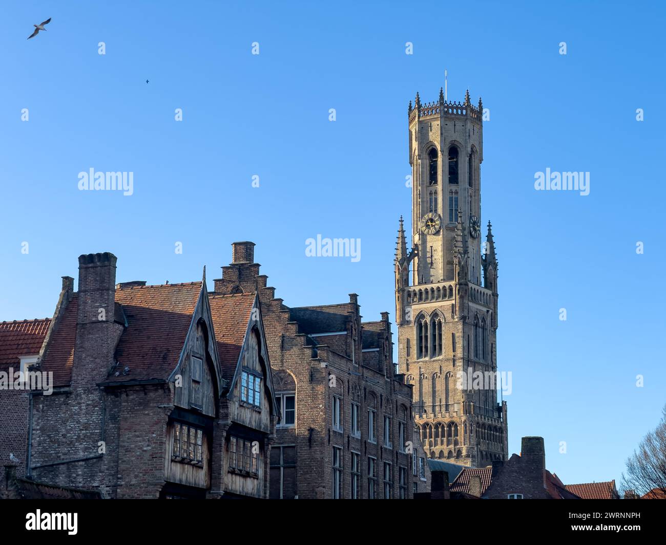Historical view of old Bruges Belgium and canals from Rozenhoedkaai ...