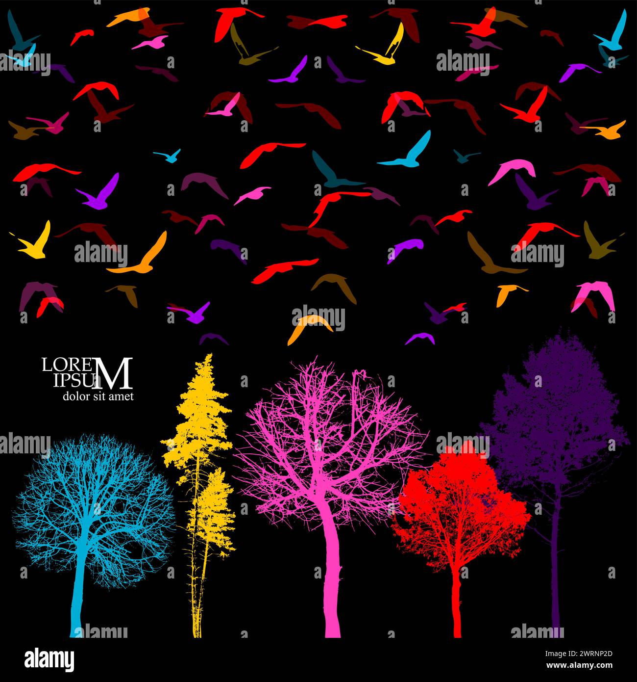 Colored birds and trees in the park at night. hand drawing. Not AI ...