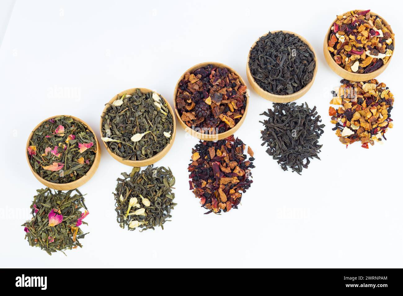 different types of tea on a white background. a kind of delicious tea ...