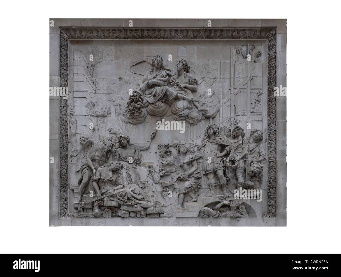 London, UK - Feb 27, 2024 - Bas relief sculpture of The pediment of The ...