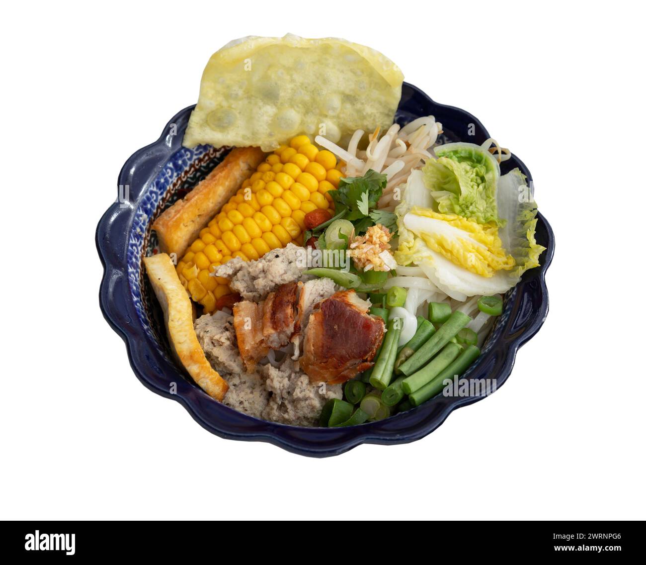 Rice stick noodles topped with Minced pork, Crispy pork, Fried wontons ...