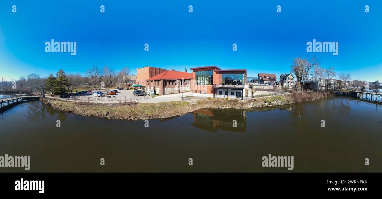 A lake and adjacent buildings in the city of Allegan Stock Photo - Alamy