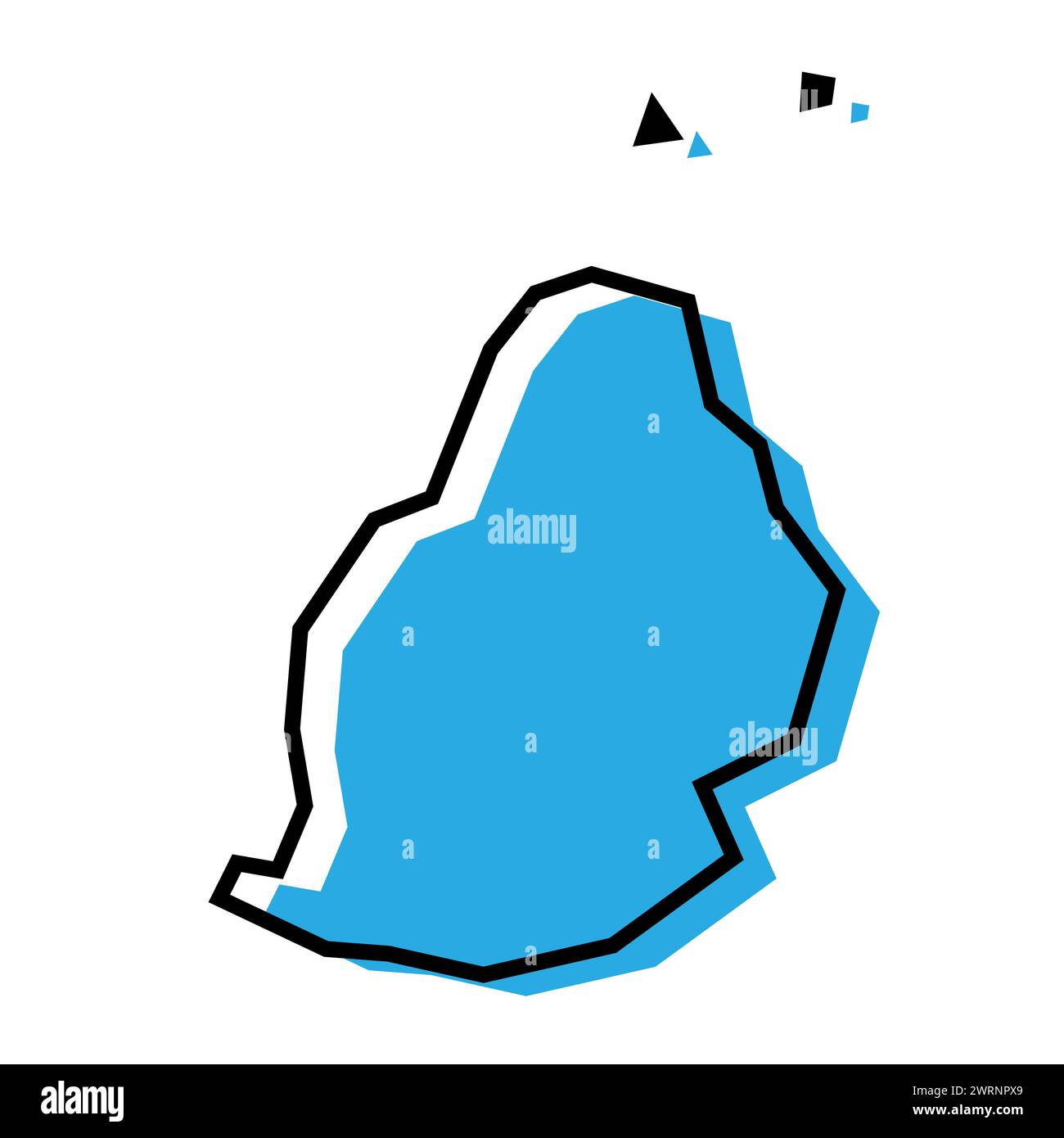 Mauritius country simplified map. Blue silhouette with thick black contour outline isolated on ...