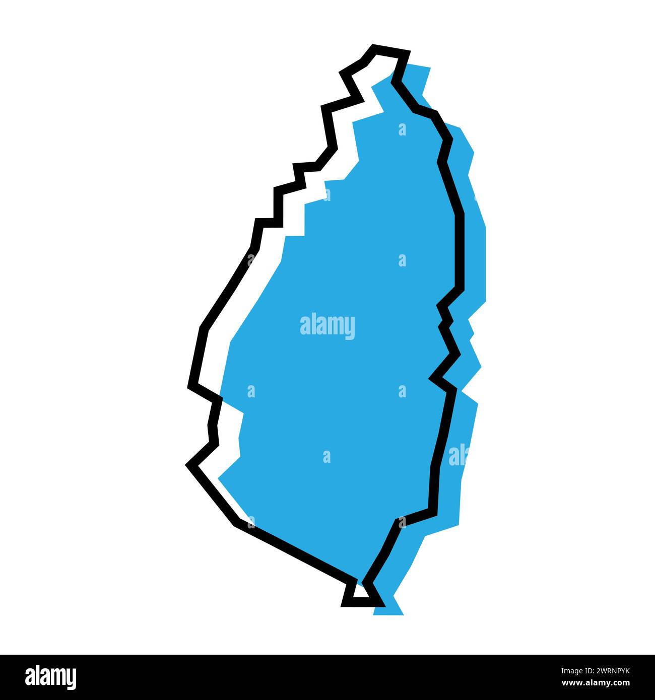 Saint Lucia country simplified map. Blue silhouette with thick black contour outline isolated on ...