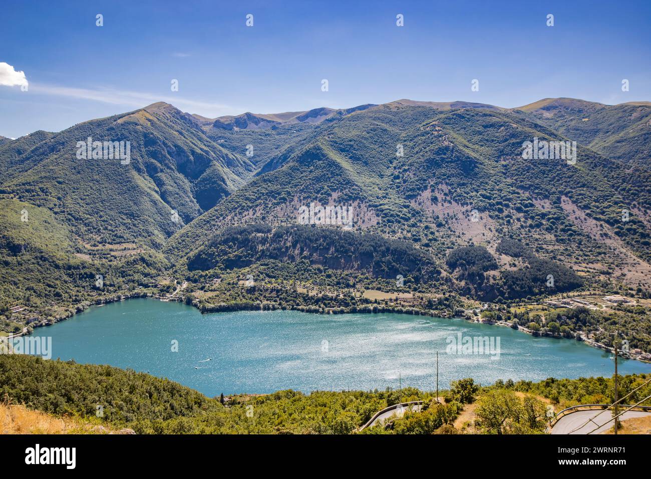 The enchanting Lake Scanno, seen from above, with its characteristic ...