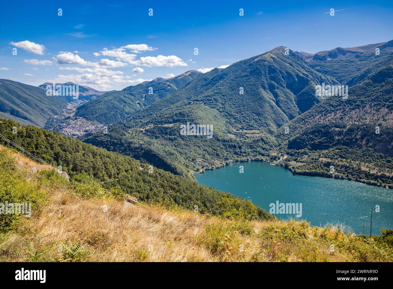 The enchanting Lake Scanno, seen from above, with its characteristic ...