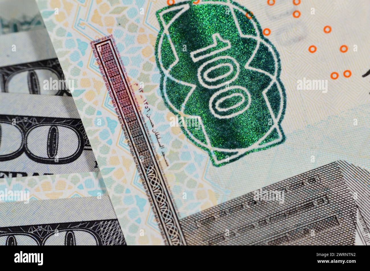 Closeup Egyptian money banknotes of 100 EGP LE one hundred pounds bill ...