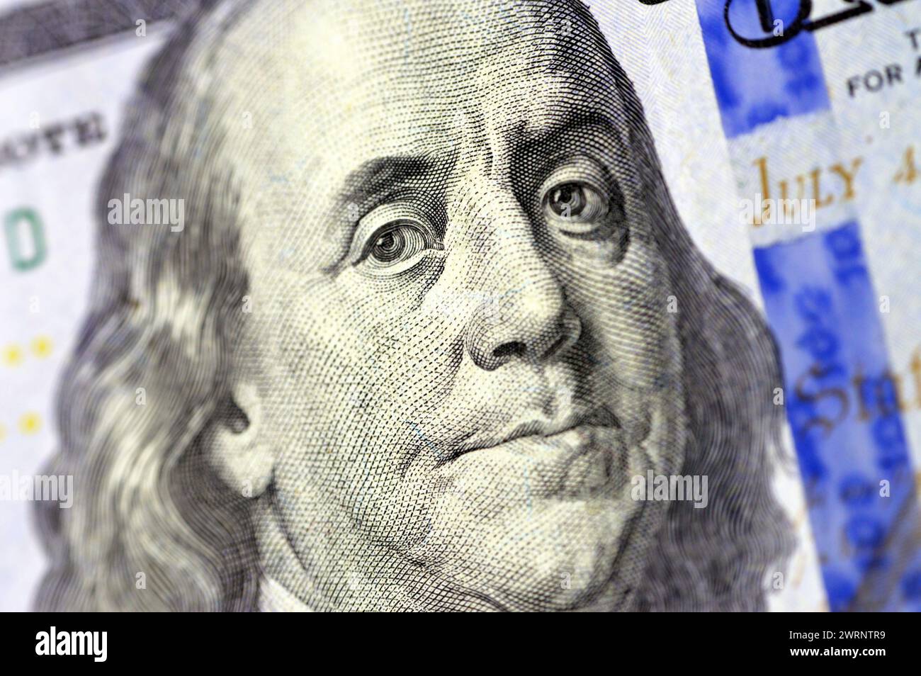 A close up of the obverse side of 100 USD one hundred American dollars ...