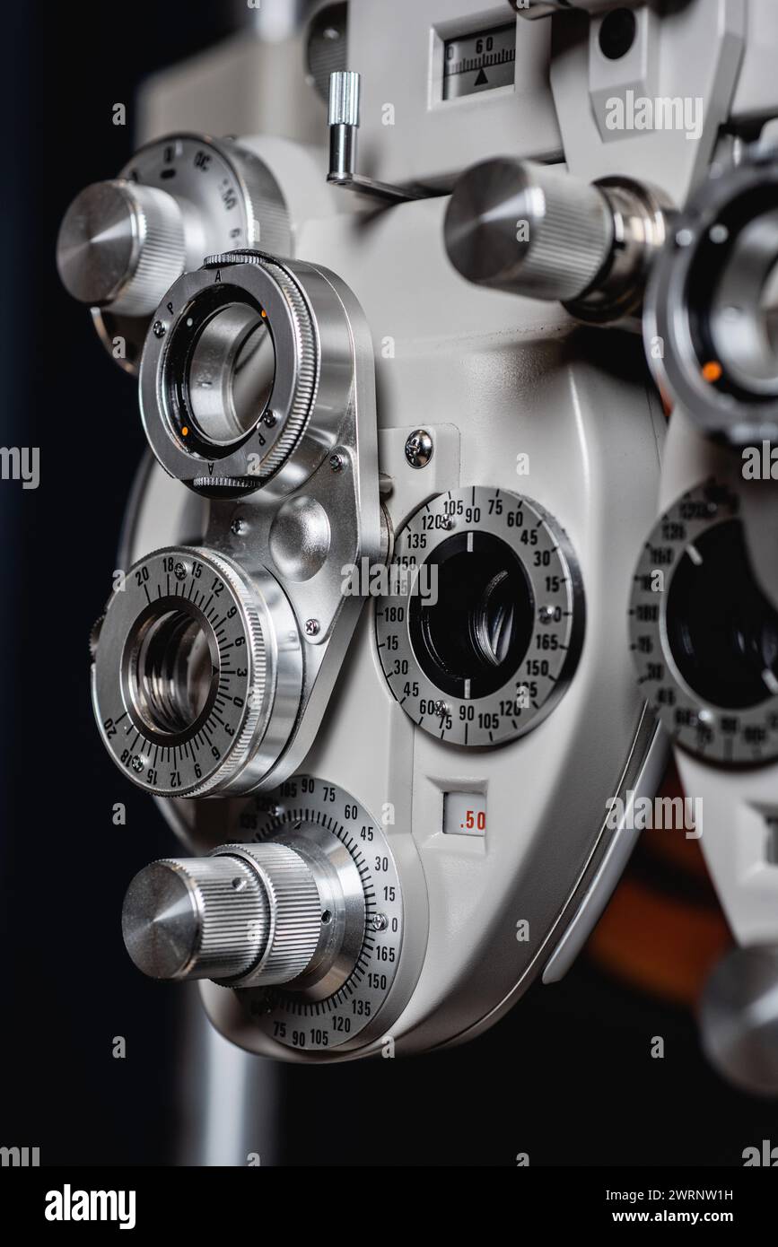 Opthalmic phoropter visual testing device used during eye exams Stock ...