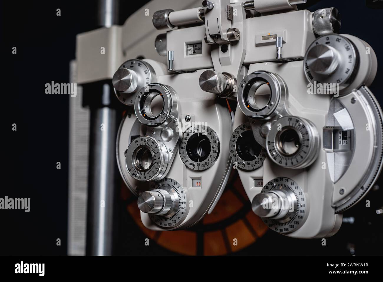 Opthalmic phoropter visual testing device used during eye exams Stock ...