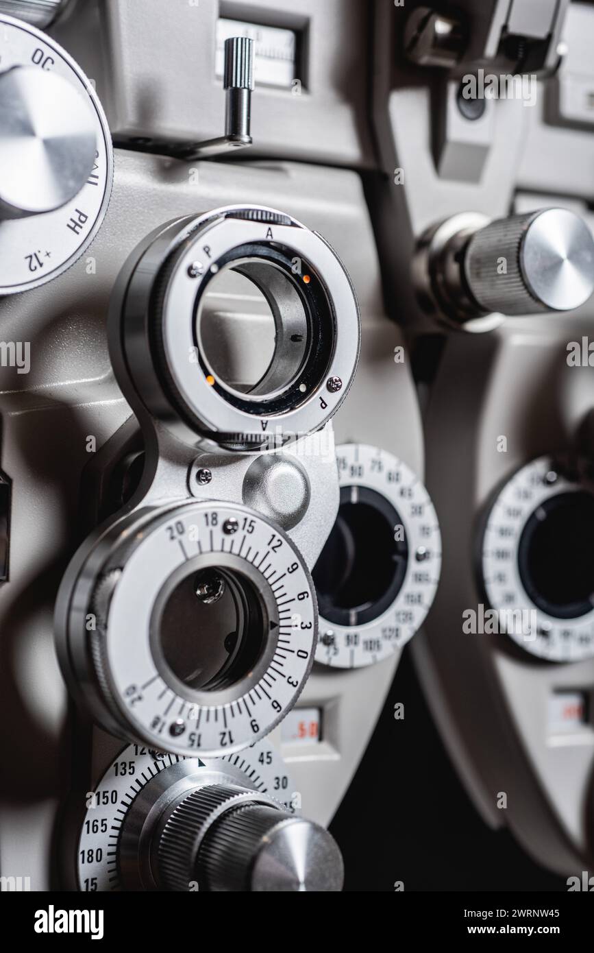 Opthalmic phoropter visual testing device used during eye exams Stock ...
