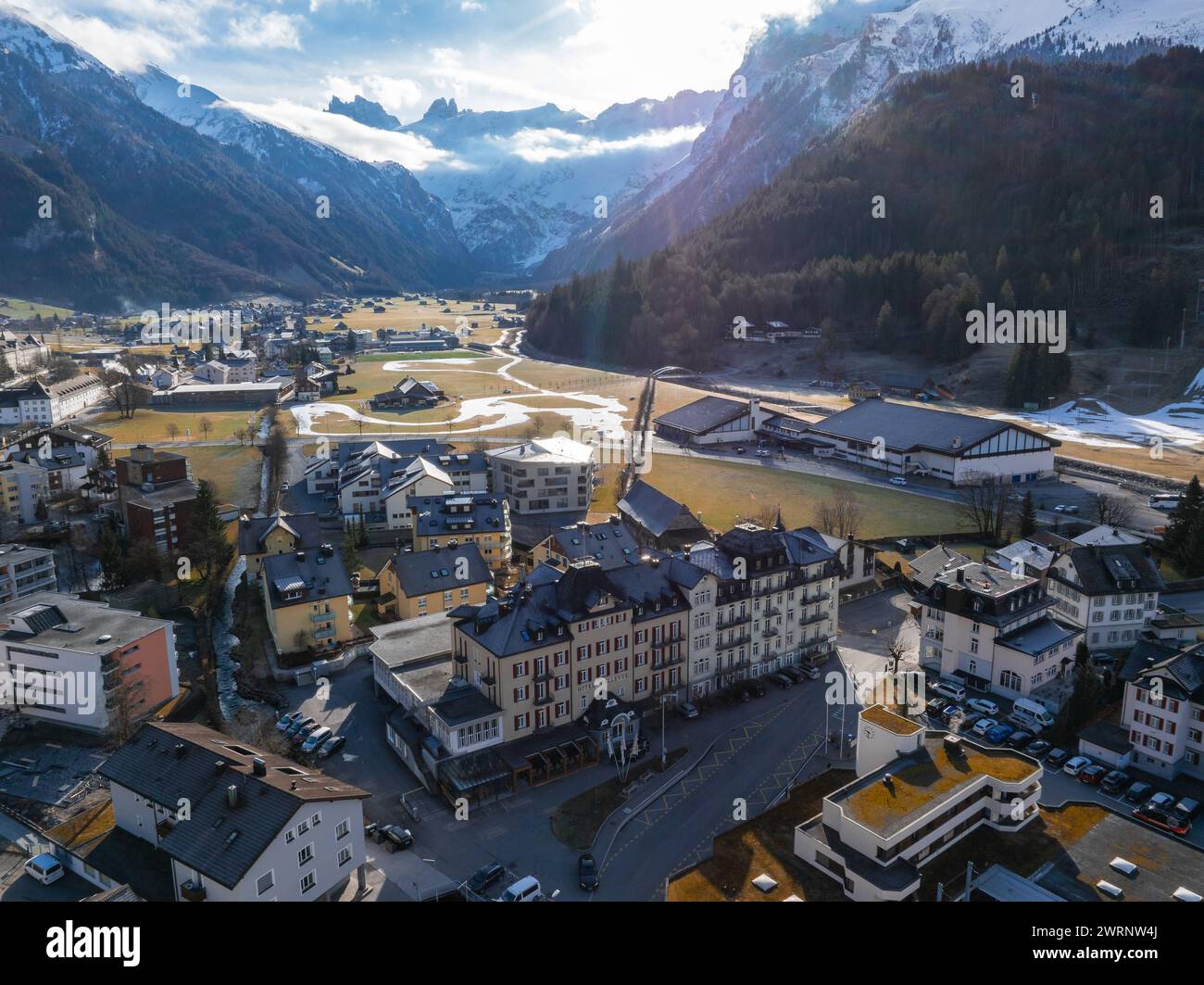 Aerial Perspective of Engelberg in the Swiss Alps During Season Shift ...