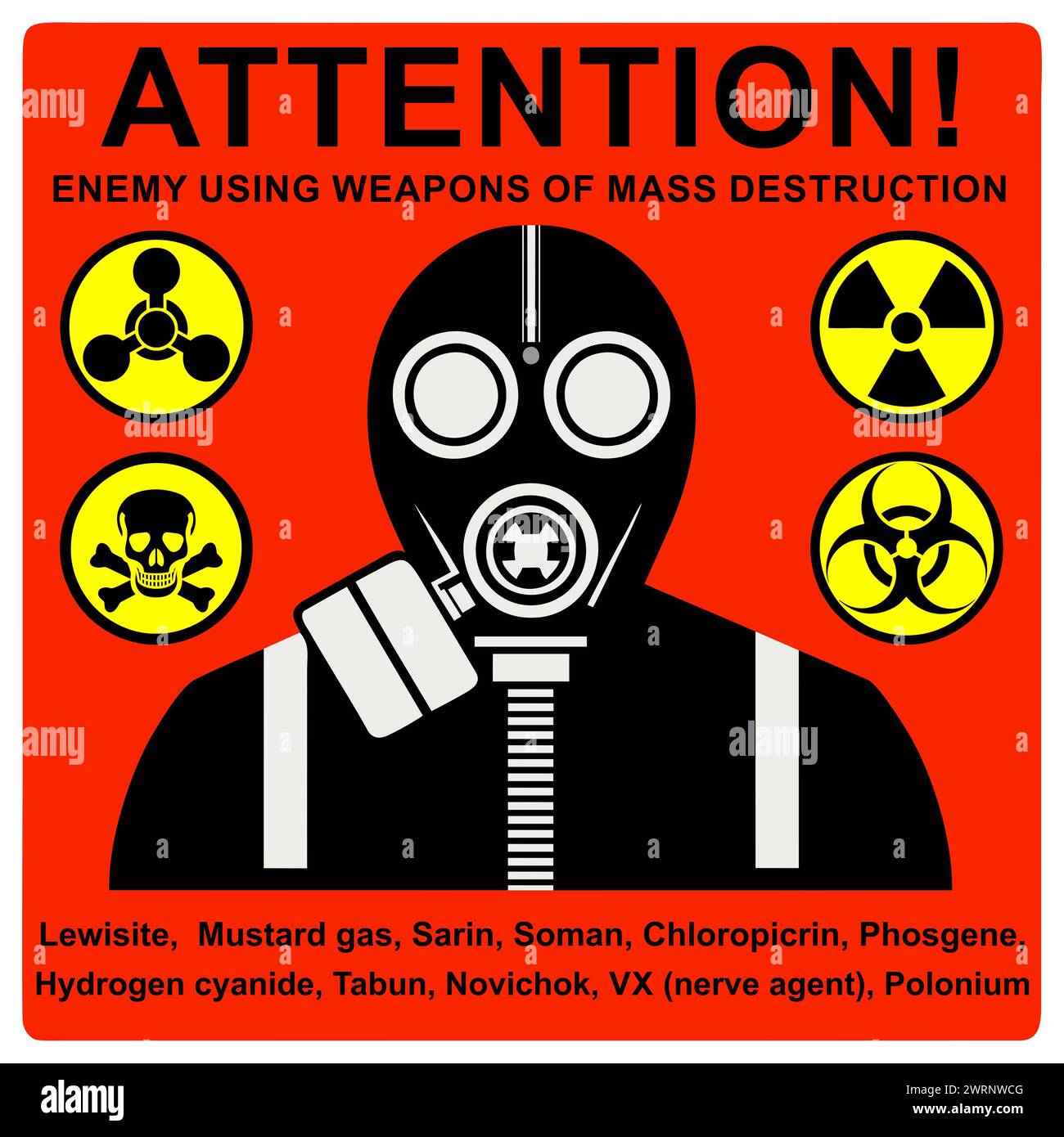 Attention, the enemy is using weapons of mass destruction. Information sign. Vector graphics ...