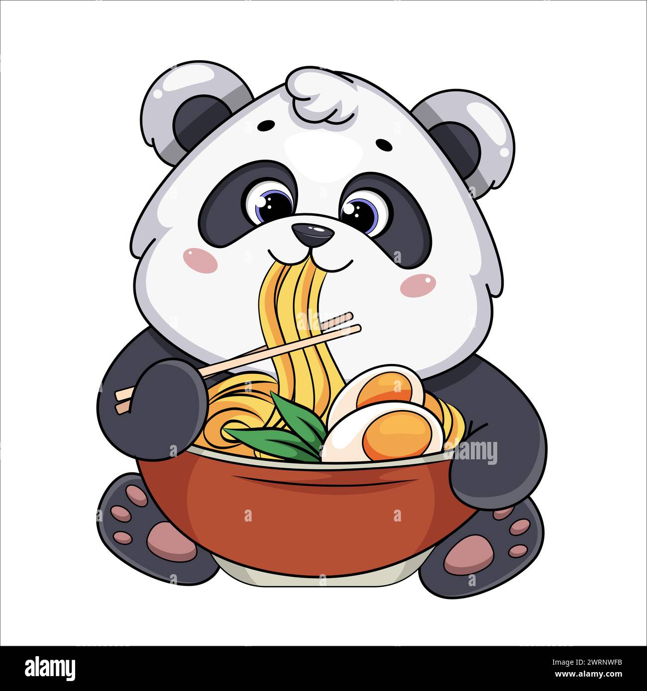 Cute panda eating noodles. Funny cartoon character. Stock vector ...
