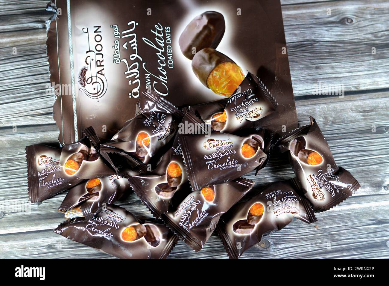 Cairo, Egypt, March 3 2024: Arjoon Dates Brown Chocolate pack, Saudi ...