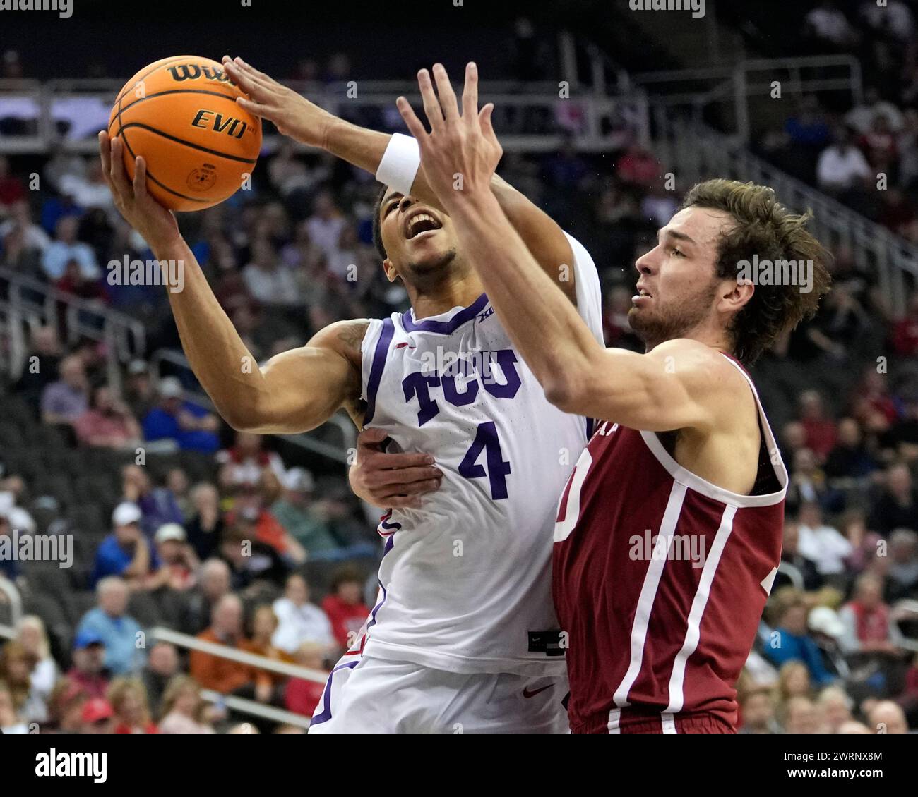 MAR 13 2024: Oklahoma Sooners forward Sam Godwin (10) takes a hold of ...