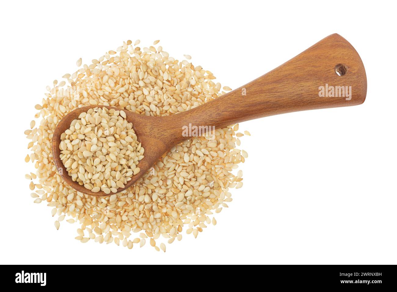 Sesame seeds in wooden spoon isolated on white background. Top view ...