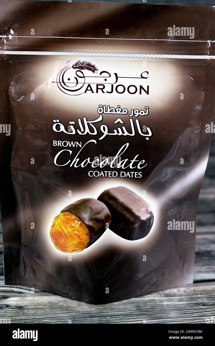 Cairo, Egypt, March 3 2024: Arjoon Dates Brown Chocolate pack, Saudi ...
