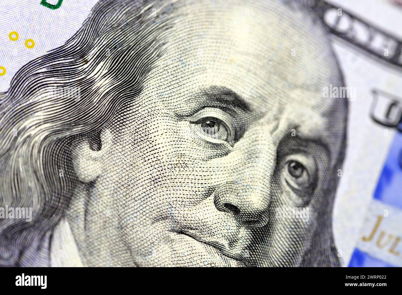 A close up of the obverse side of 100 USD one hundred American dollars ...