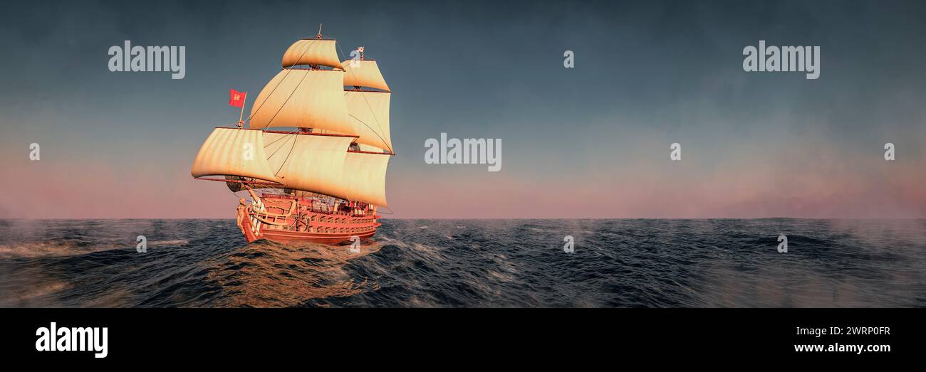 Vintage Galleon Sailing at Twilight on the Open Ocean Stock Photo - Alamy