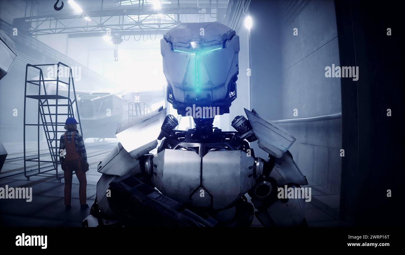 Robot walking. Production of military futuristic ship at the factory ...