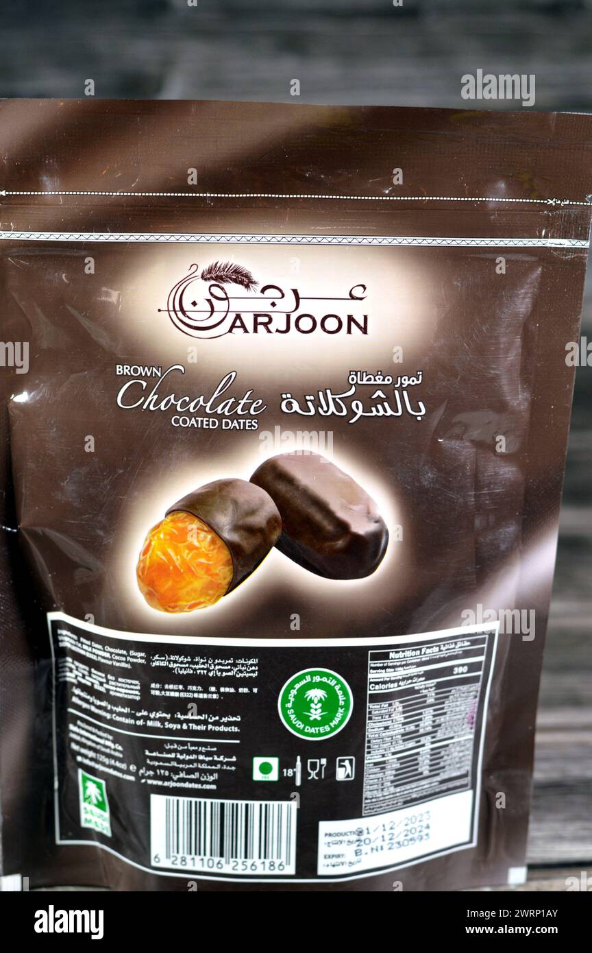 Cairo, Egypt, March 3 2024: Arjoon Dates Brown Chocolate pack, Saudi ...