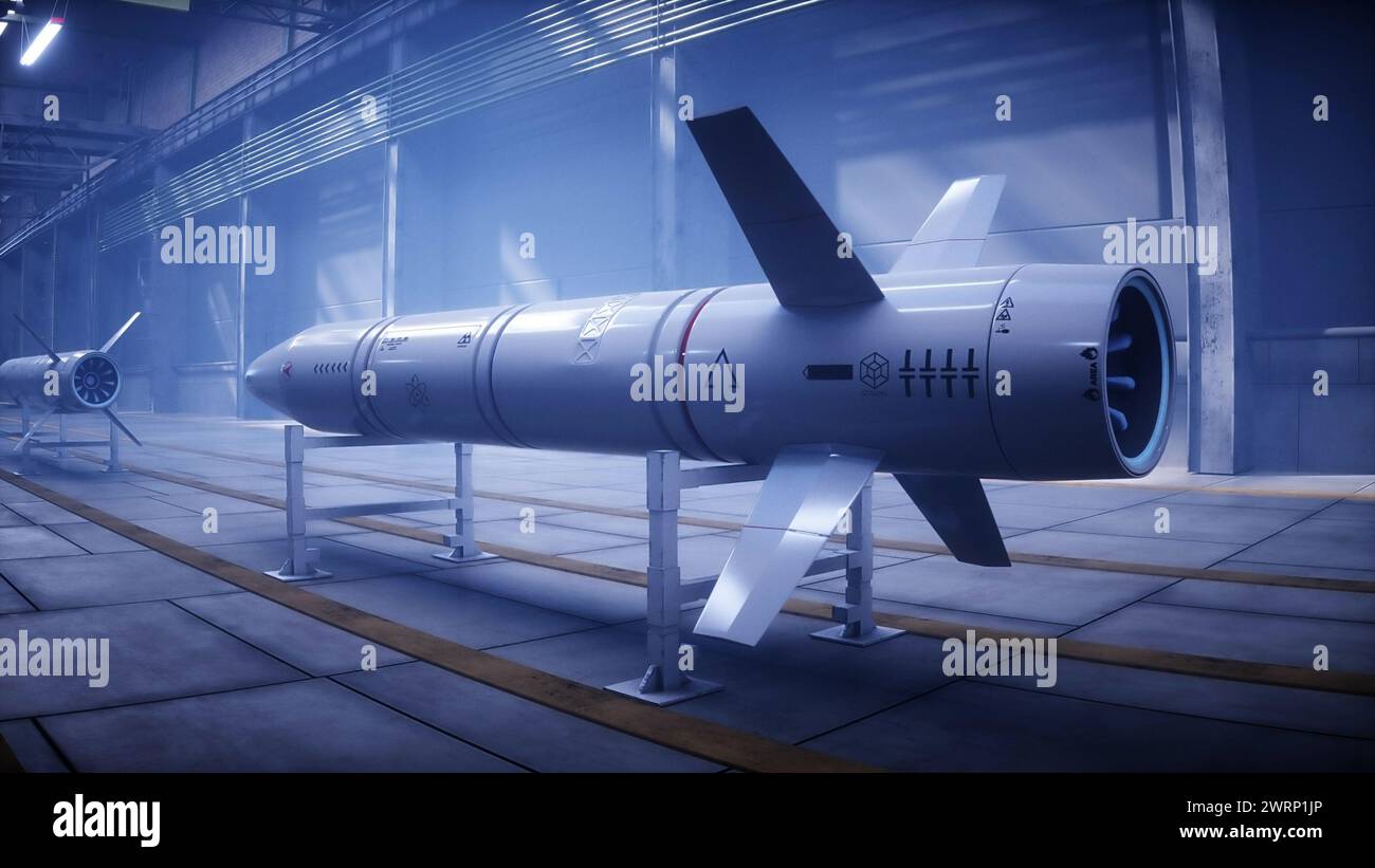 Military tactic rocket factory, production line. War concept 3d ...