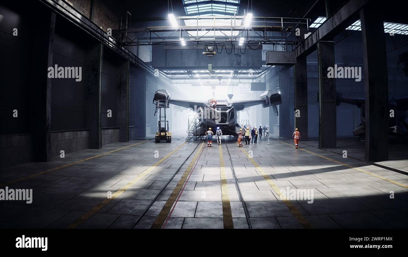 Robot walking. Production of military futuristic ship at the factory ...
