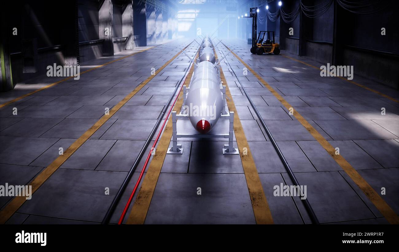 Military tactic rocket factory, production line. War concept 3d ...