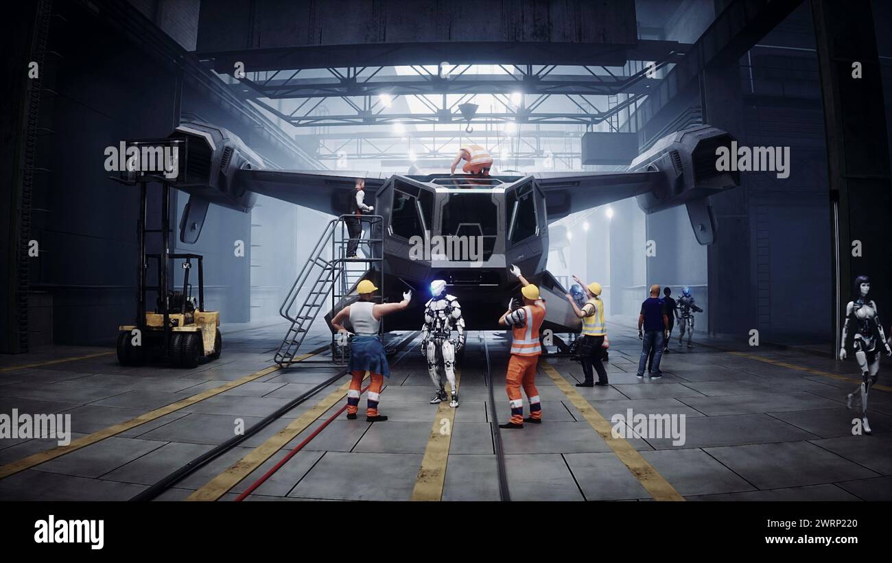 Robot walking. Production of military futuristic ship at the factory ...