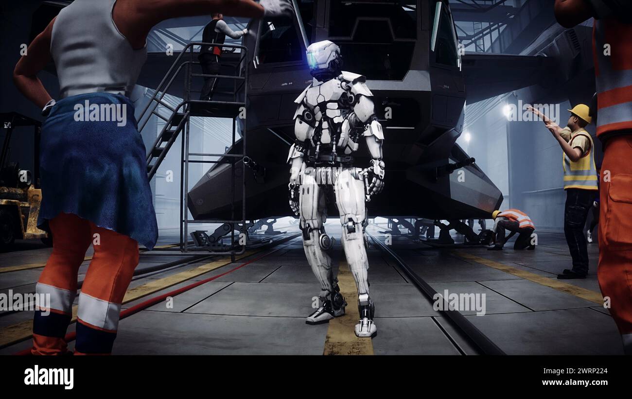 Robot walking. Production of military futuristic ship at the factory ...