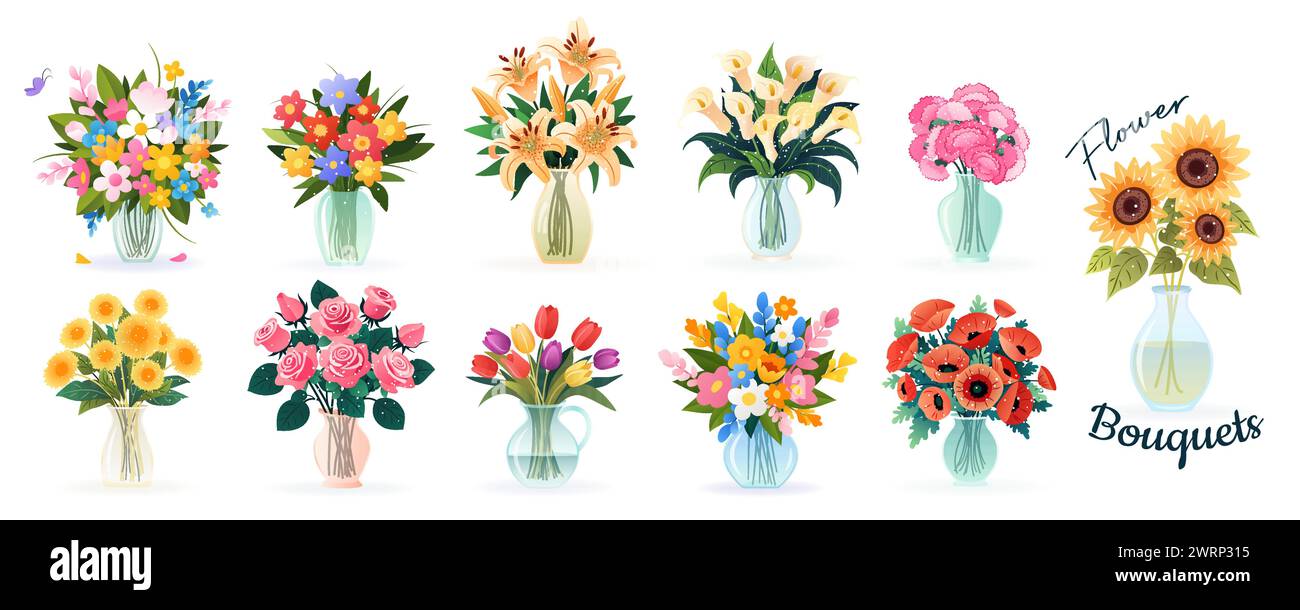 Set of isolated bouquets in vases with flowers Stock Vector Image & Art ...
