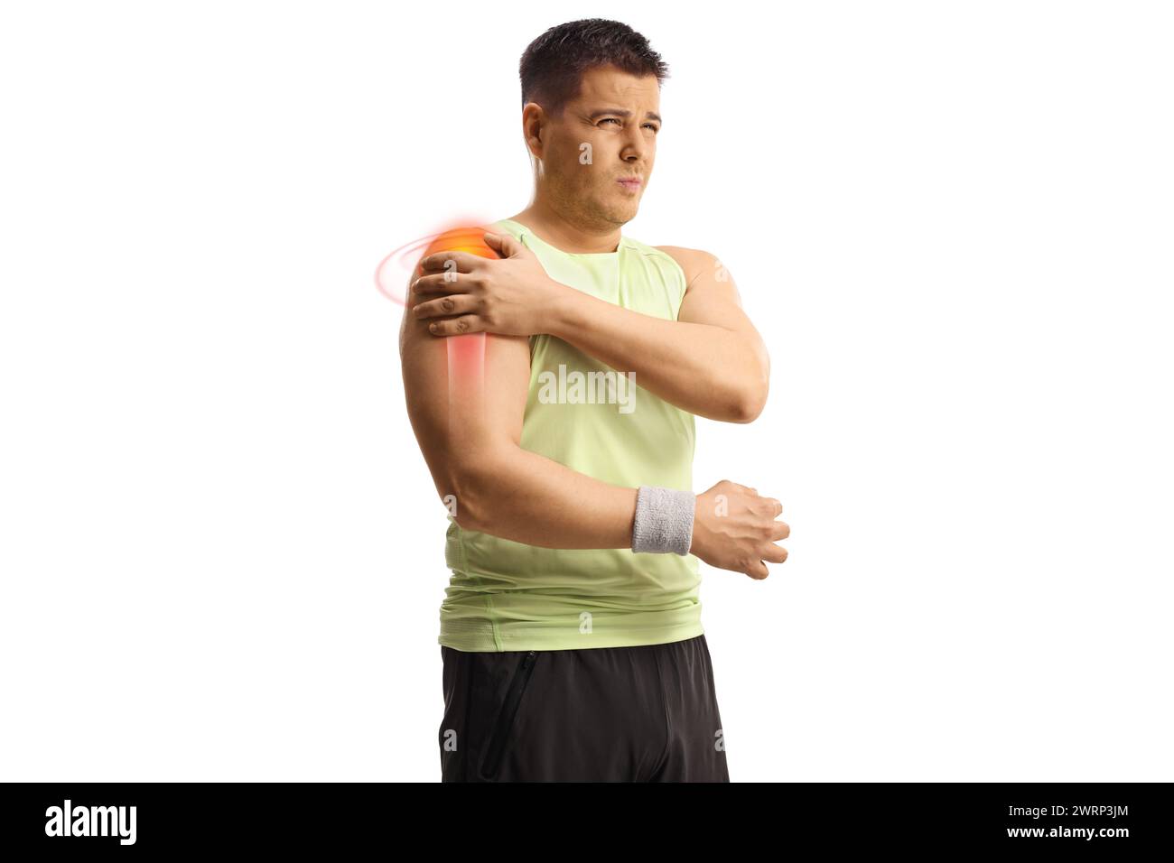 Sportsman in pain holding his injured shoulder isolated on white ...