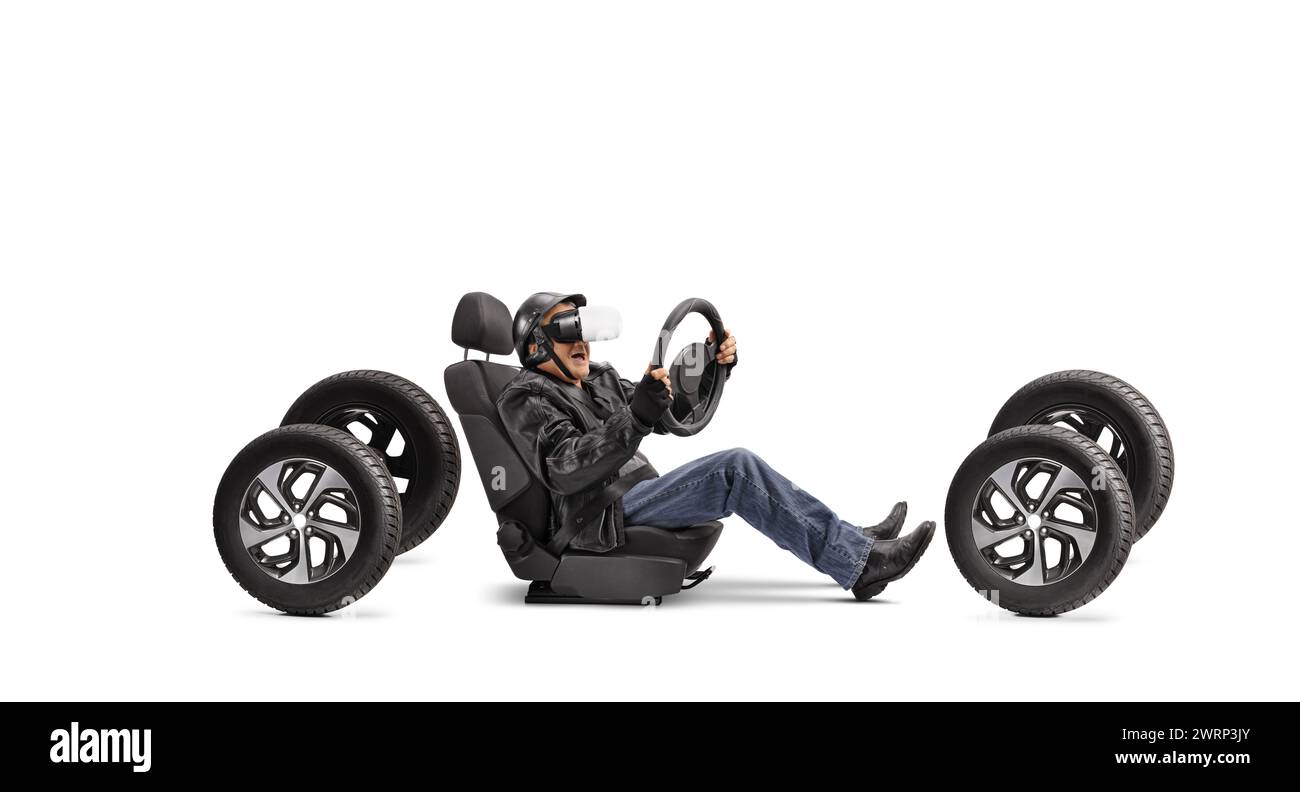 Man sitting in a car seat and driving with a VR headset isolated on ...