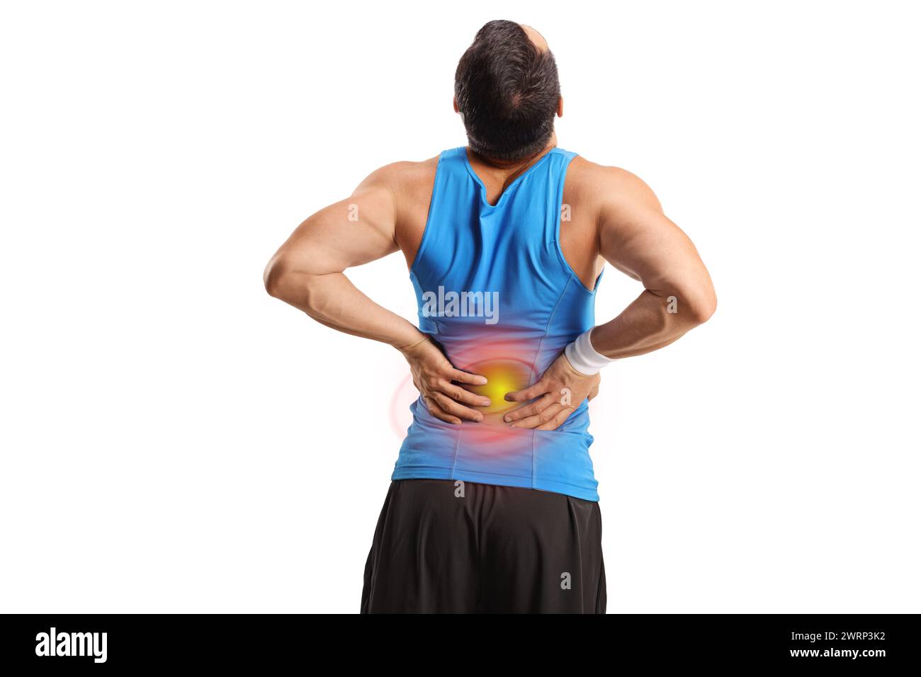 Rear view shot of a male athlete stretching his back with red inflamed ...