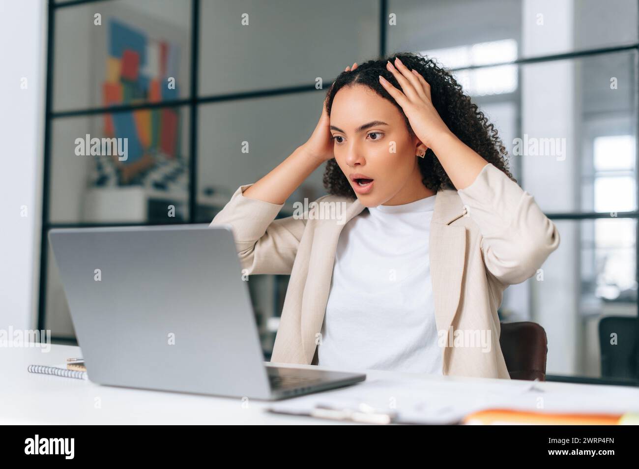 Confused latino or hispanic curly business woman, corporate financial ...