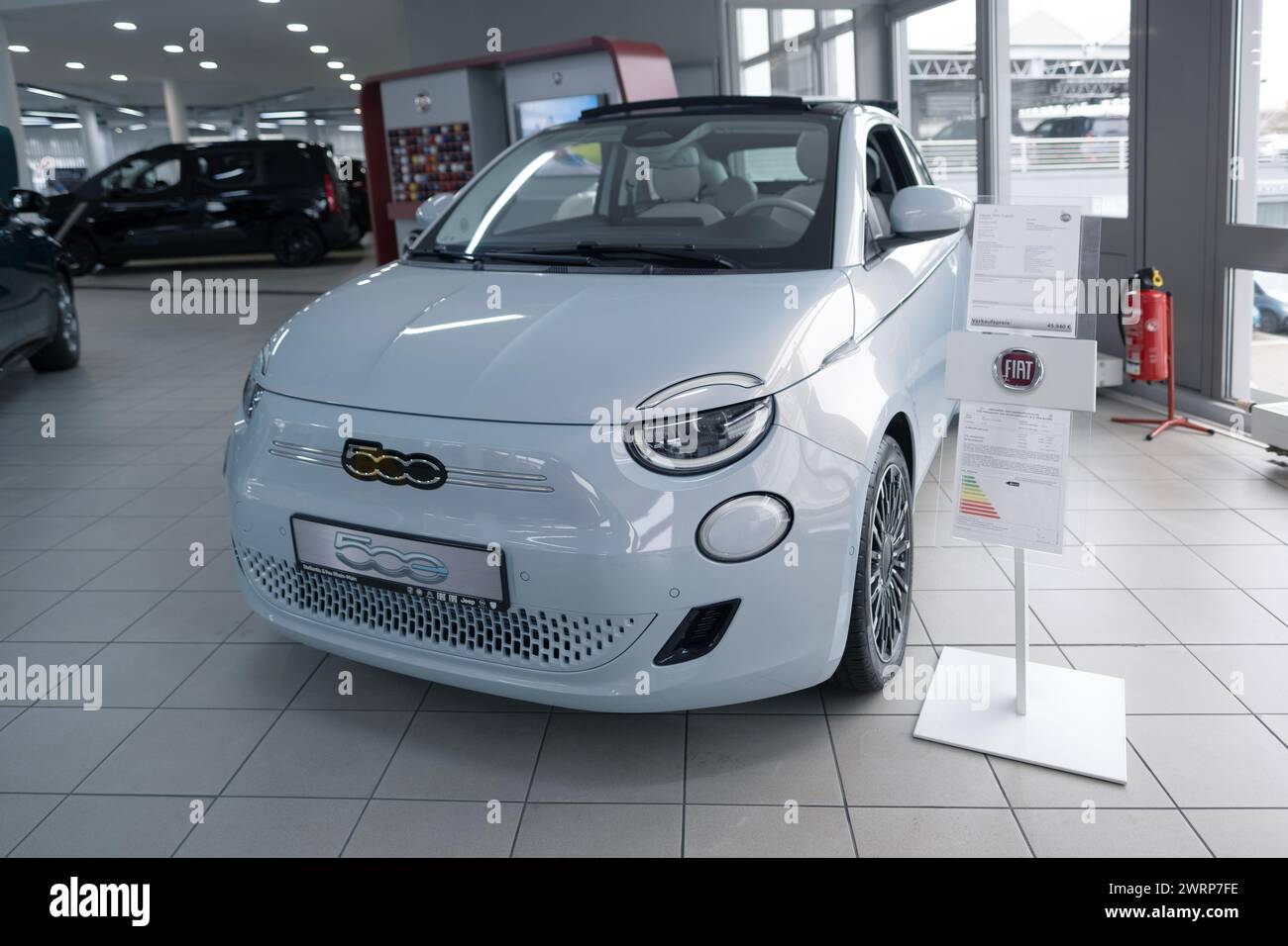 Electric new light blue Fiat 500 E classic Cabrio car, automotive ...