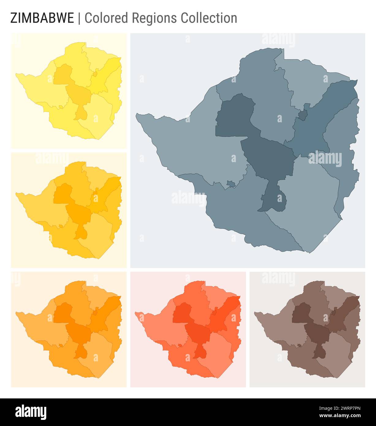 Zimbabwe map collection. Country shape with colored regions. Blue Grey ...