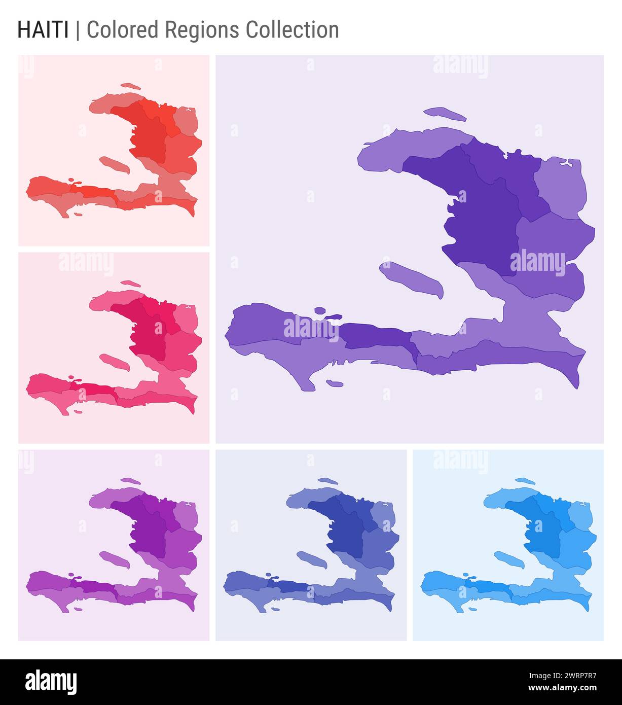 Haiti map collection. Country shape with colored regions. Deep Purple, Red, Pink, Purple, Indigo ...