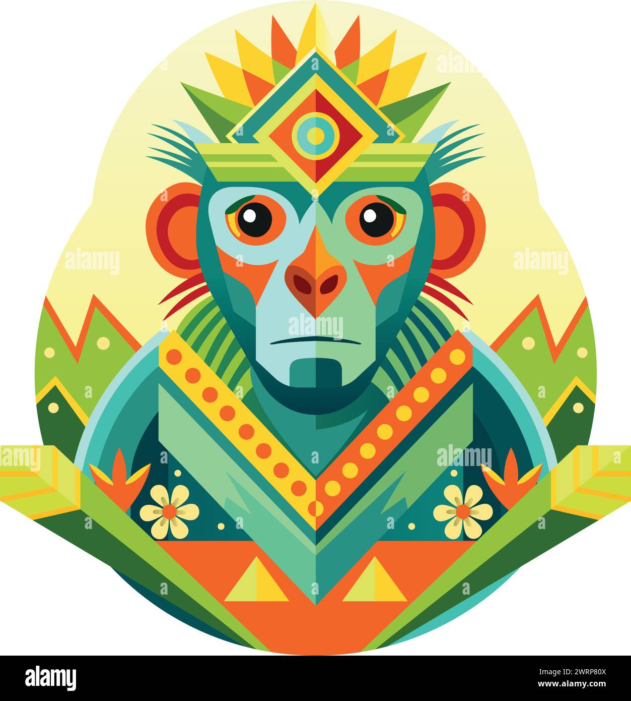 Front view of African mask shaped like a chimpanzee head in geometric ...