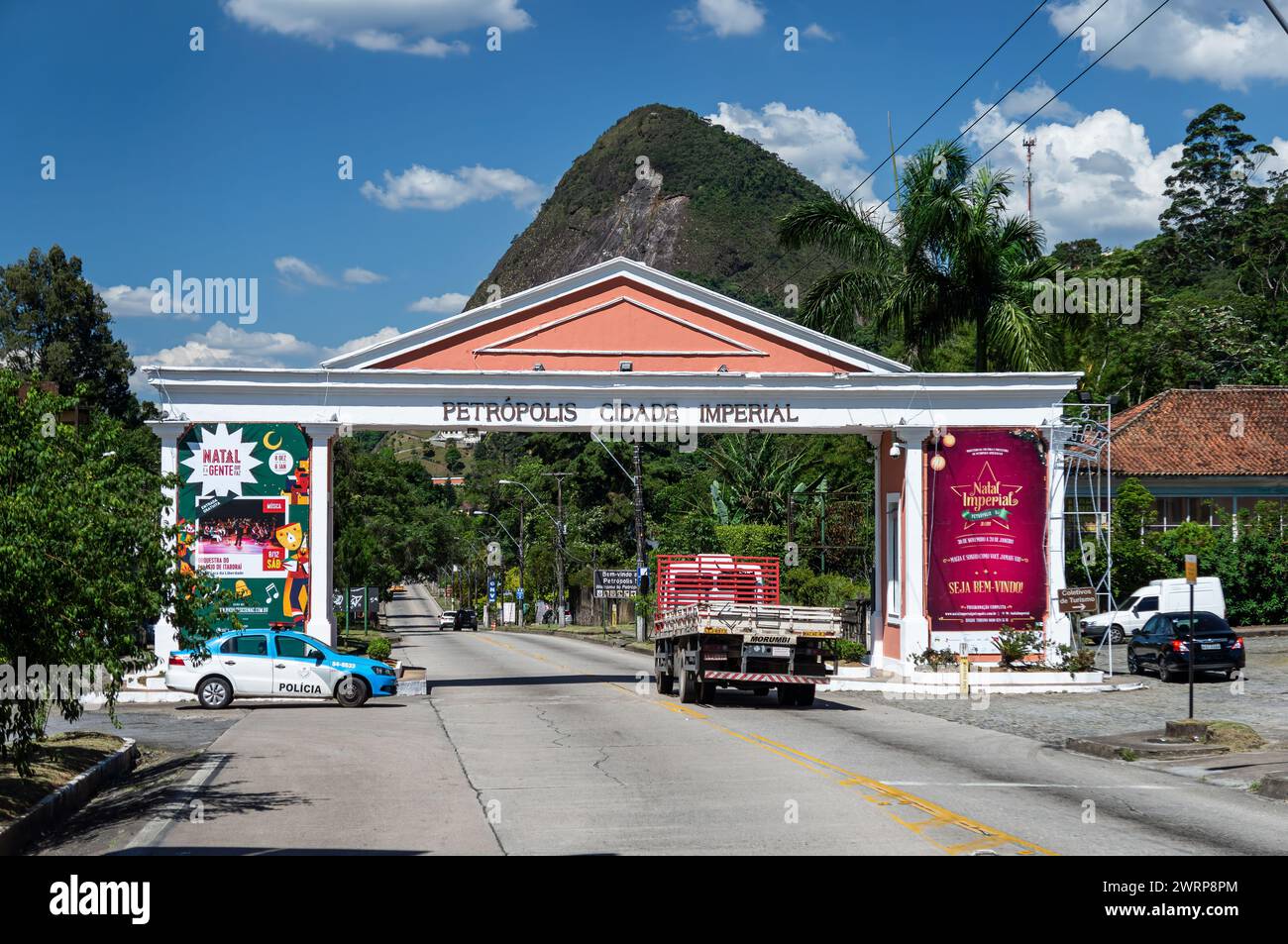 The Petropolis imperial city gate on Ayrton Senna avenue while traffic ...