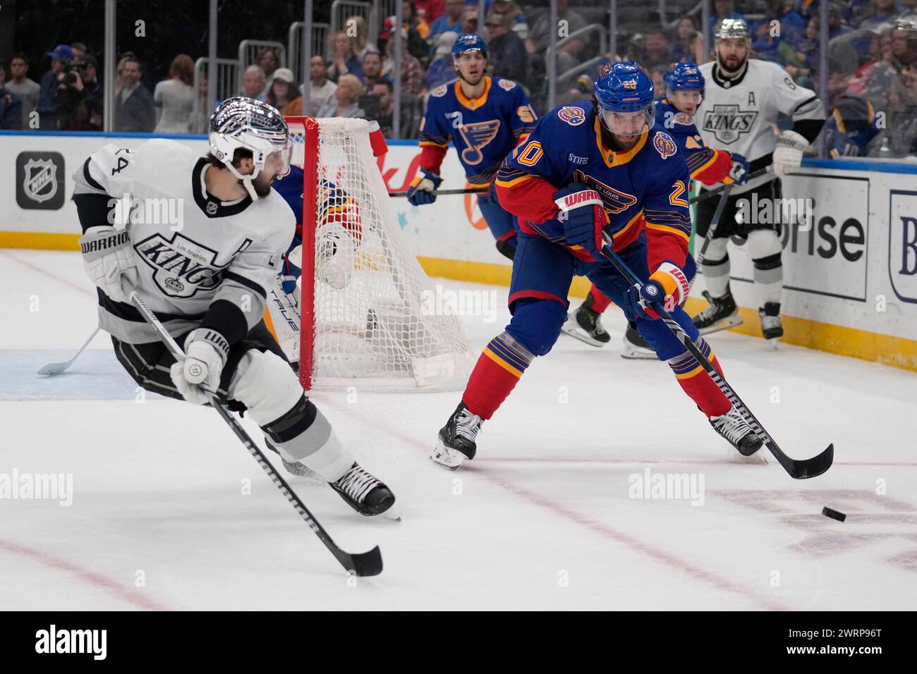 St. Louis Blues' Brandon Saad (20) handles the puck as Los Angeles ...