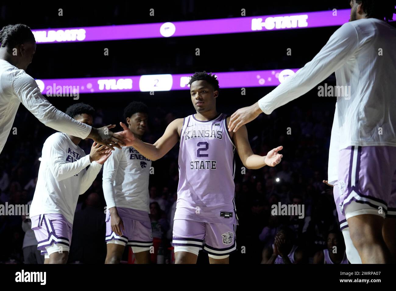 MAR 13 2024: Kansas State Wildcats guard Tylor Perry (2) is introduced ...