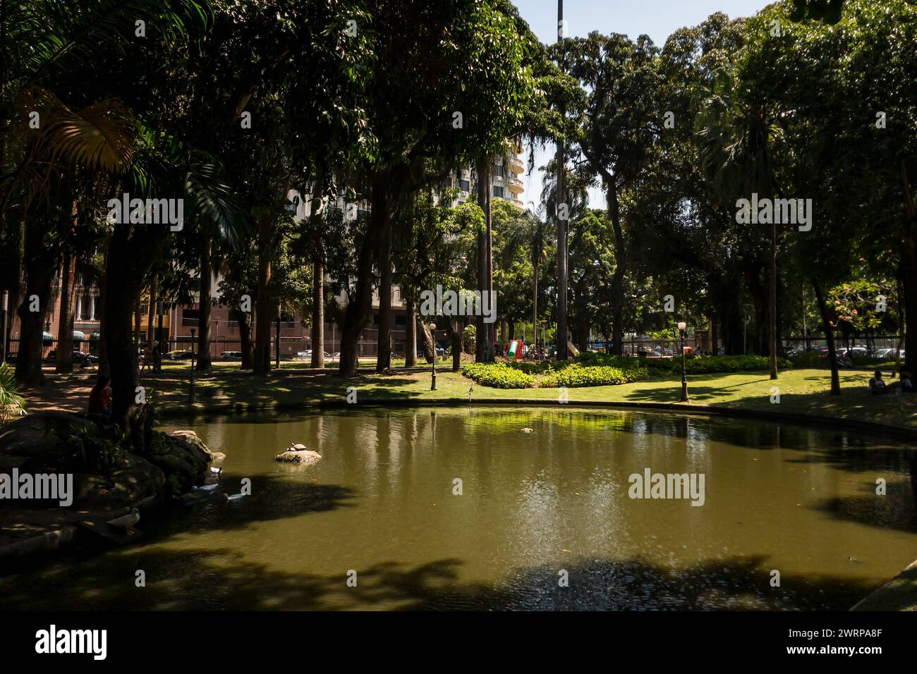 Main lake of Catete Palace gardens surrounded by dense green vegetation ...