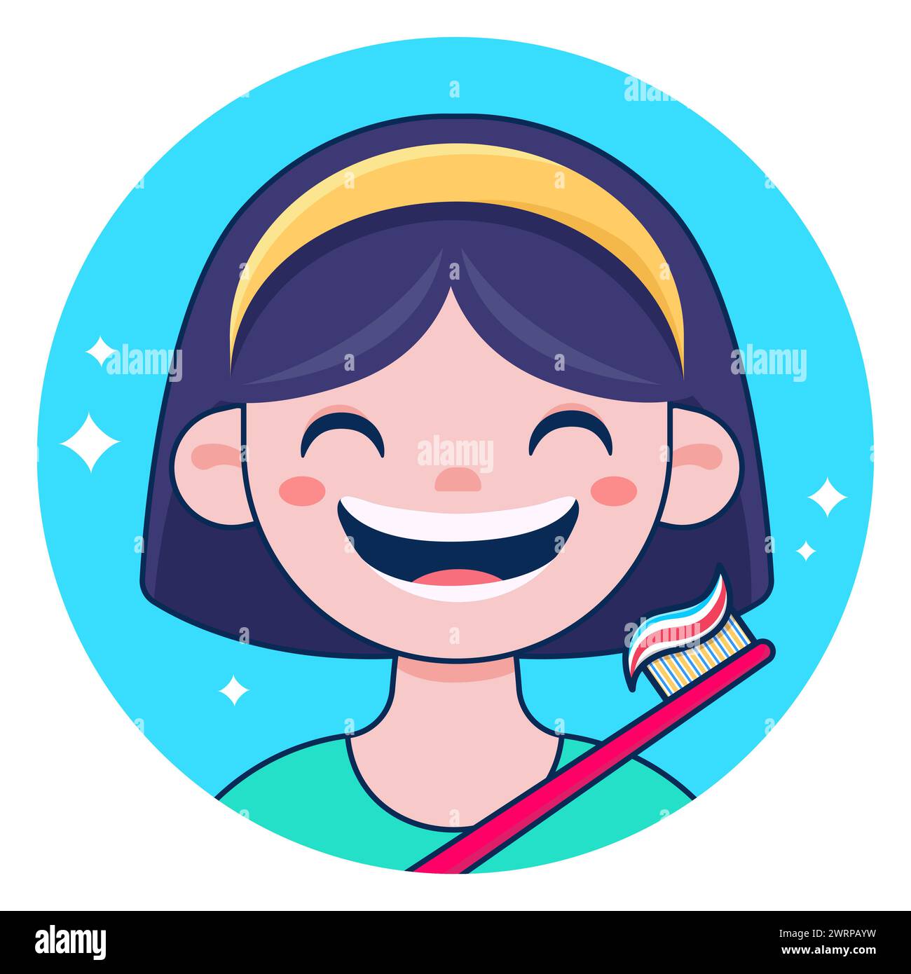 Laughing girl brushes her teeth. Childrens learning card. Poster for ...
