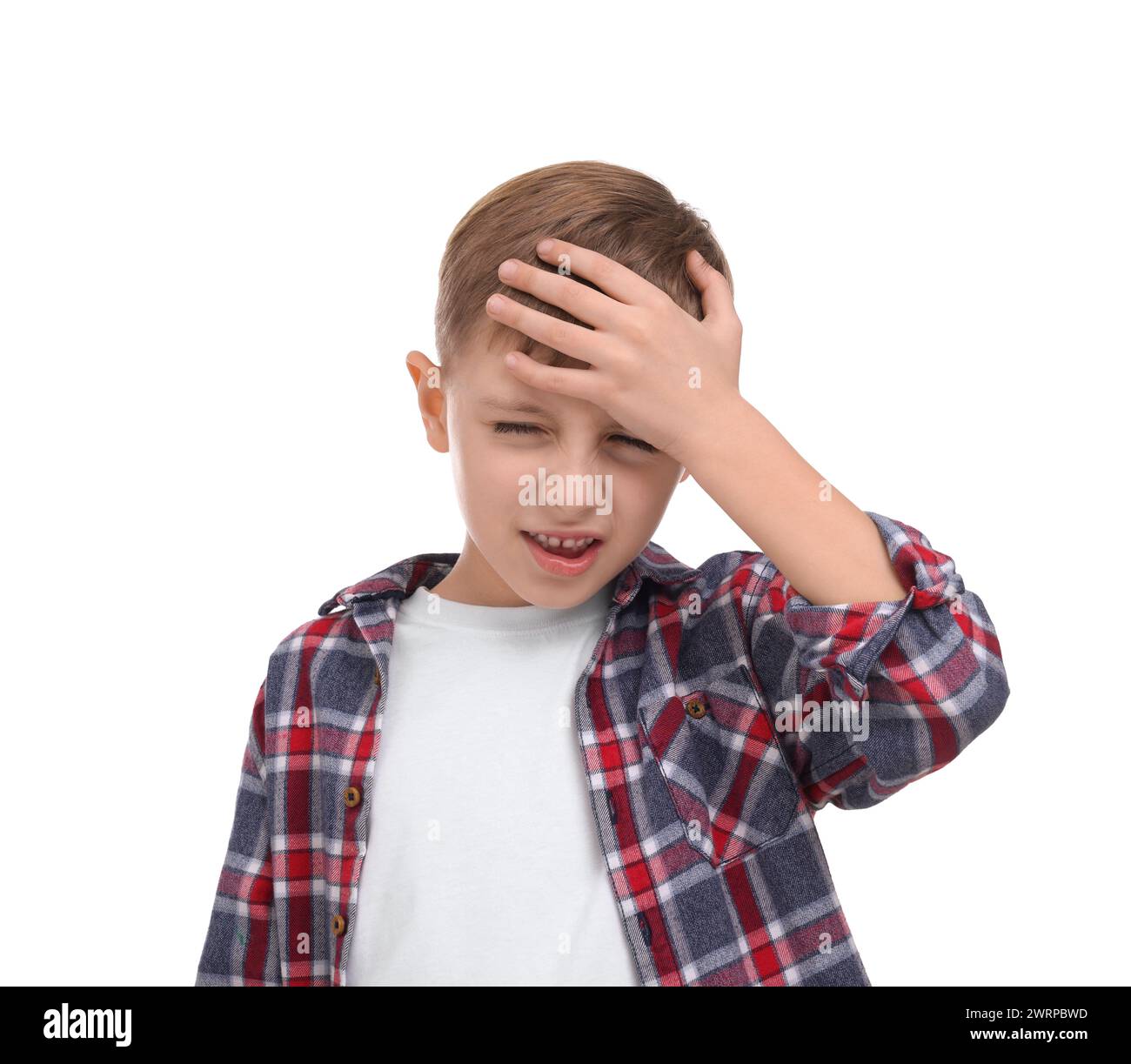 Little boy suffering from headache on white background Stock Photo - Alamy