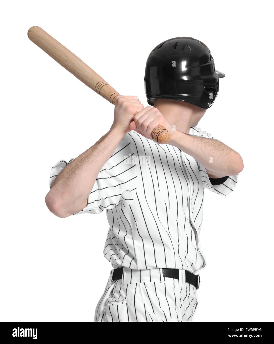 Baseball player taking swing with bat on white background, back view ...