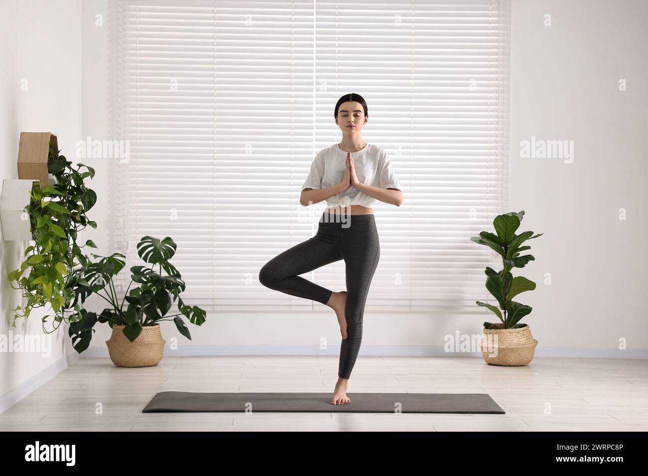 Girl practicing tree asana on mat in yoga studio. Vrksasana pose Stock ...