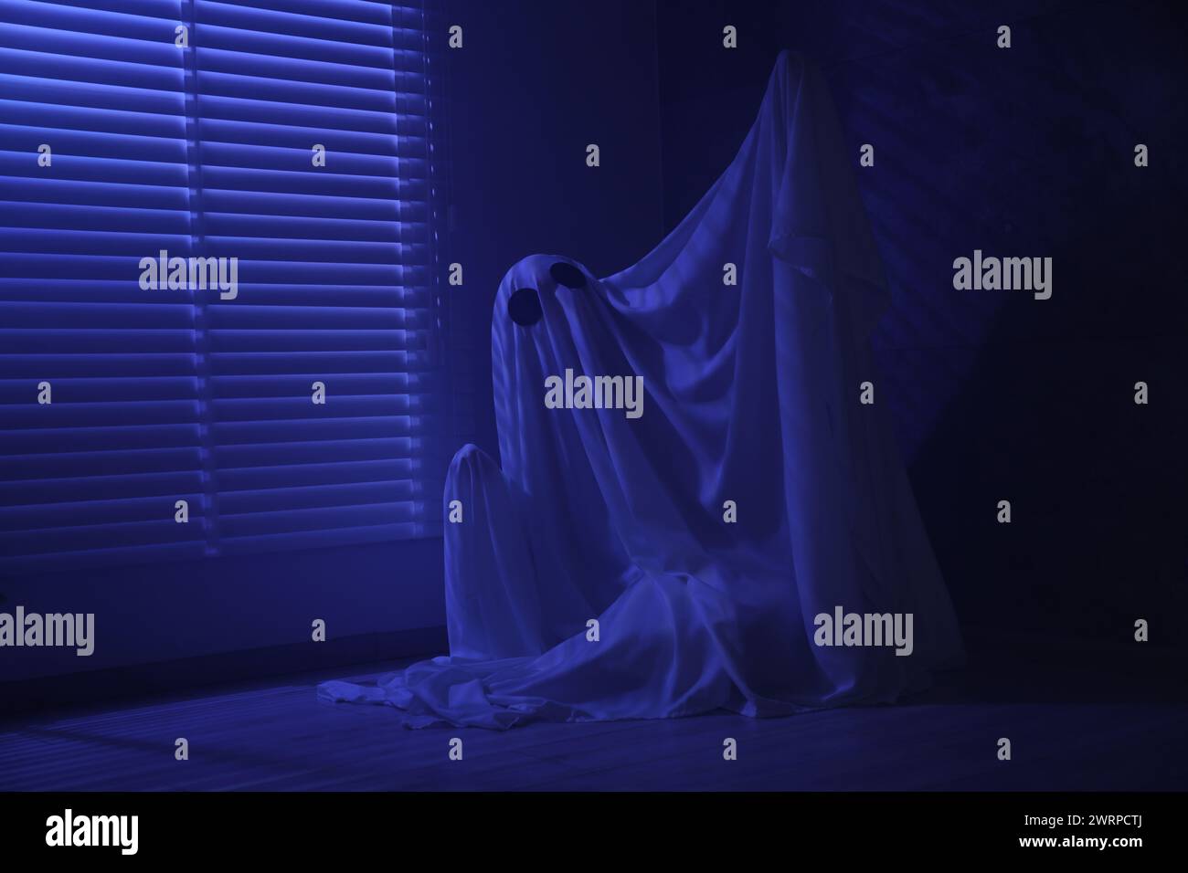 Creepy ghost. Woman covered with sheet near window in blue light Stock ...